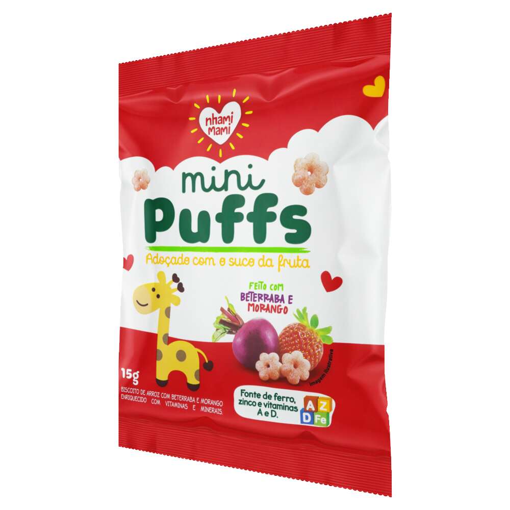Snack Mini Puffs Beterraba e Morango Nhami Mami 15g - Zona Sul